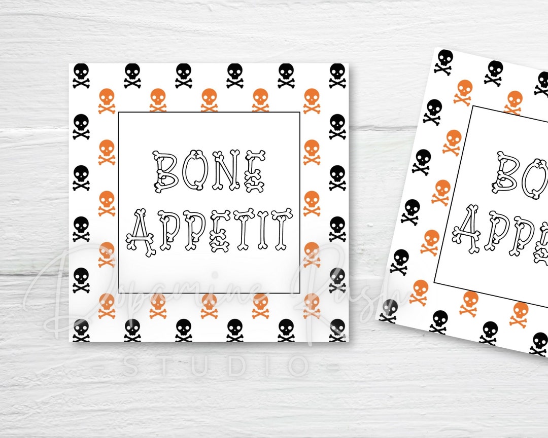 Printable Halloween Square 2” Cookie Tags, Bone Appetit Cookie Tags ...