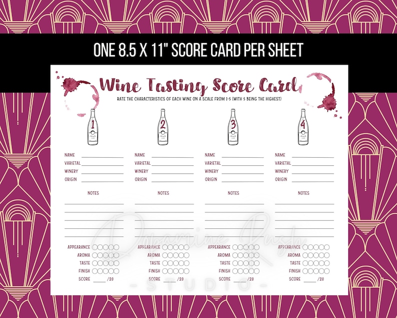 Printable Wine Tasting Score Card, Score Card for 4 Wines, Wine Tasting ...