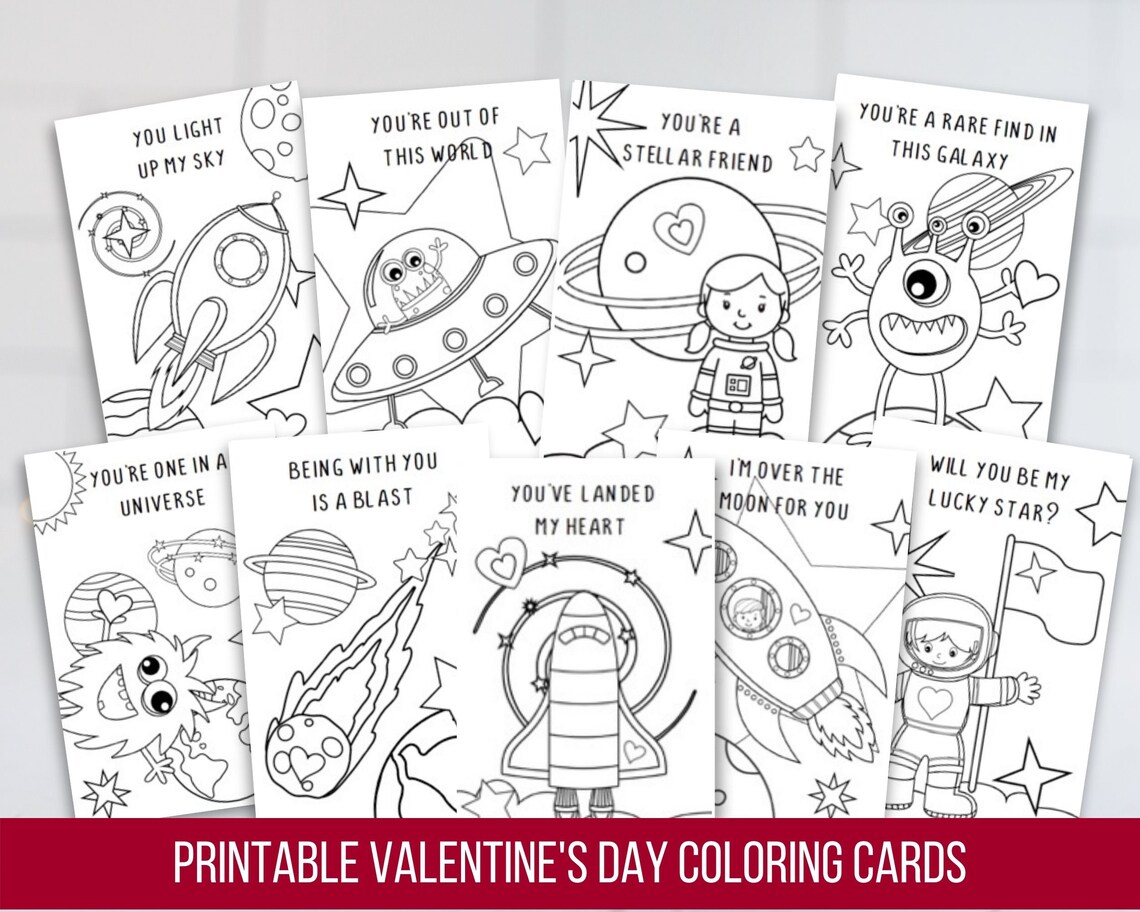 Printable Valentine’s Day Coloring Cards, Outer Space Coloring Cards ...