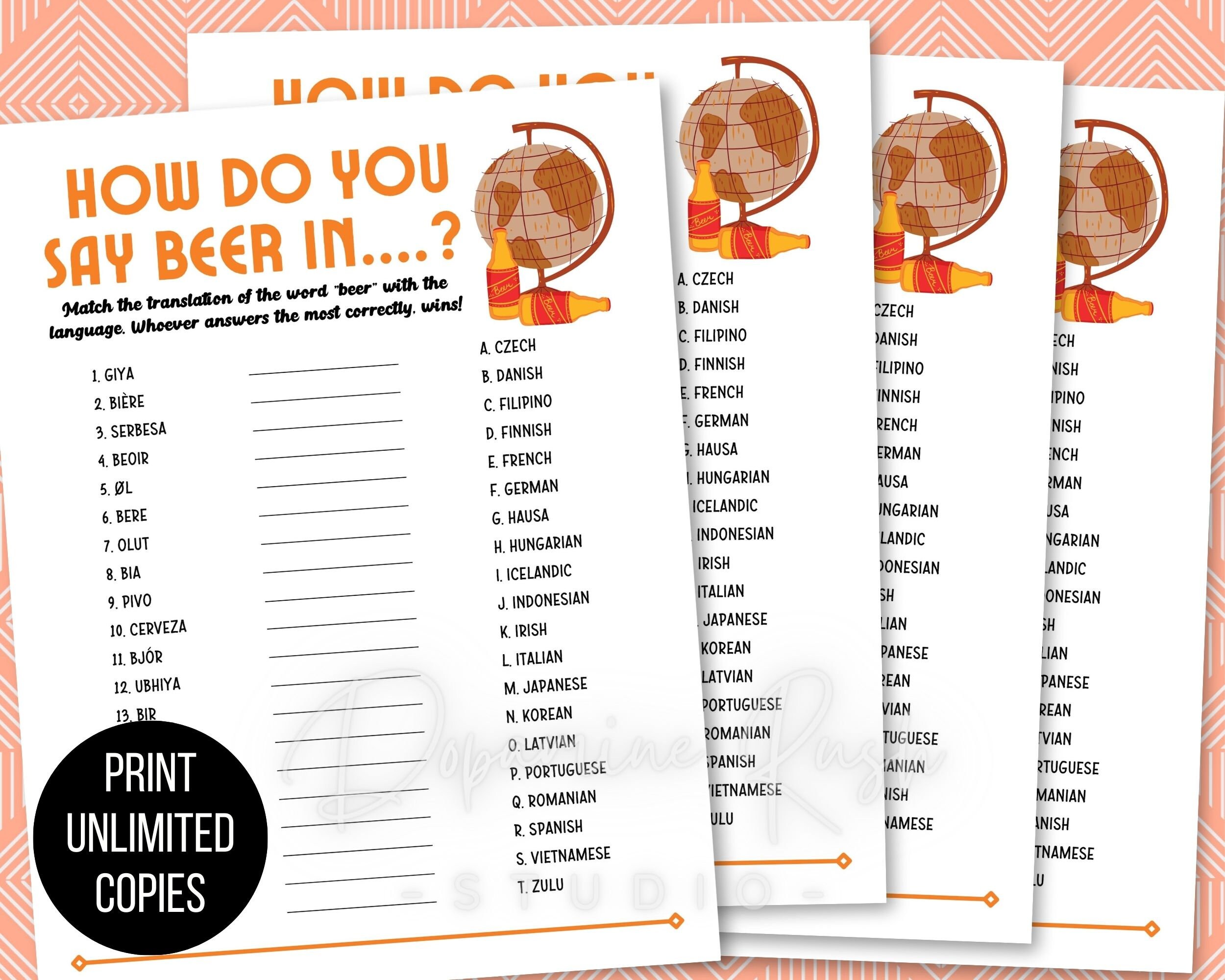 Printable Beer in Different Languages Match-up Game, Beer Games ...