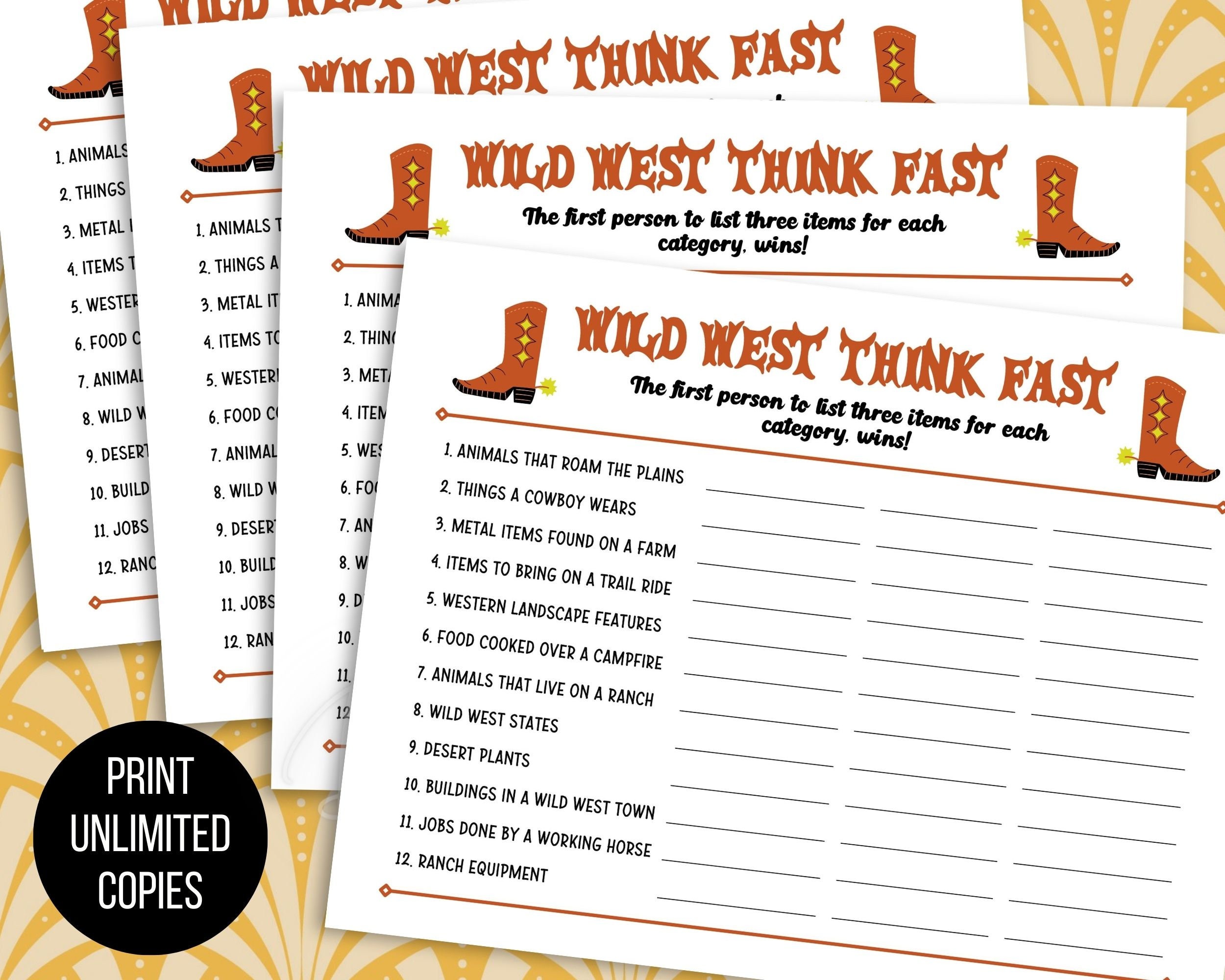 Printable Wild West Think Fast Game, Western Theme Party Games, Cowboy ...