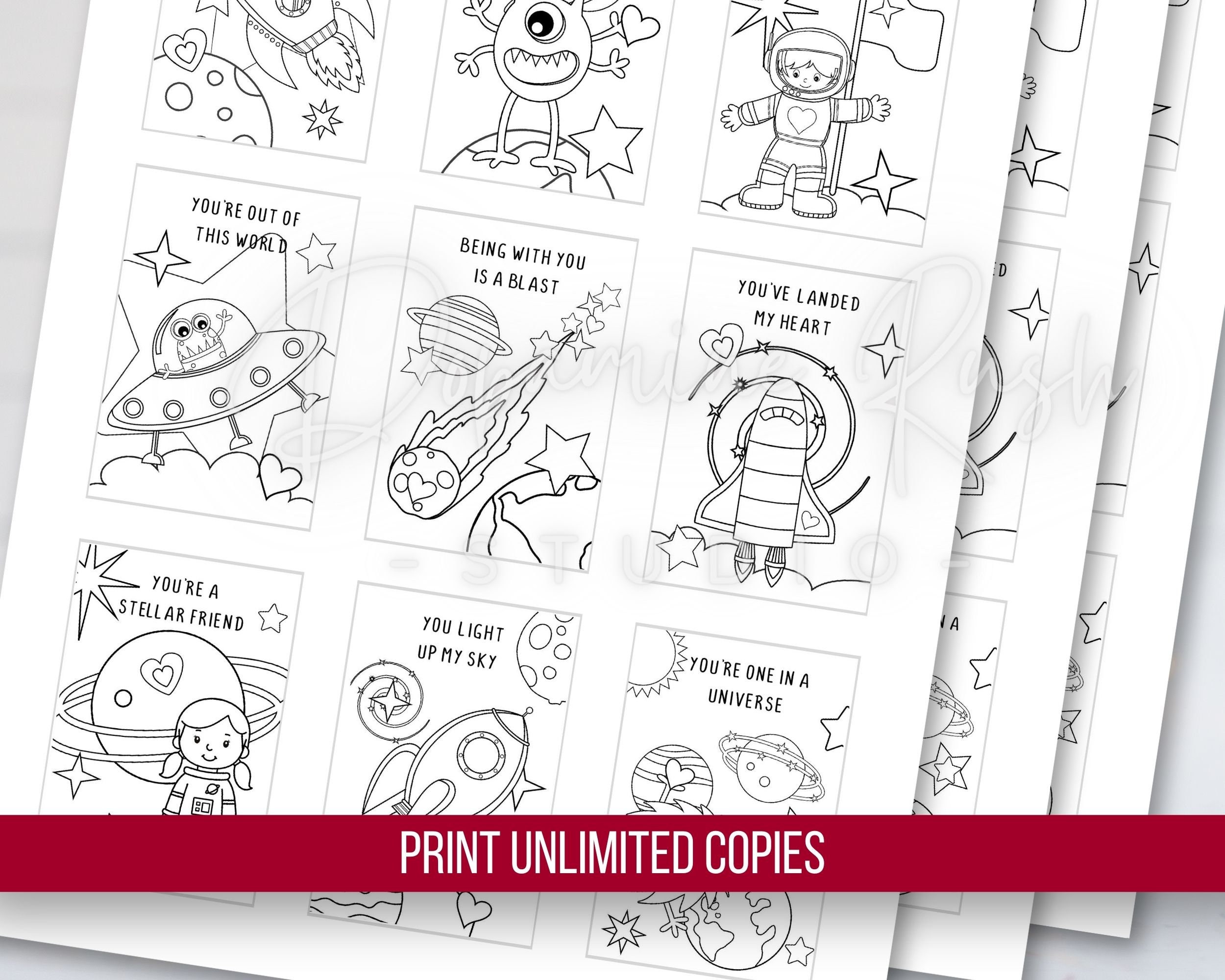 Printable Valentines Day Coloring Cards, Outer Space Coloring Cards ...