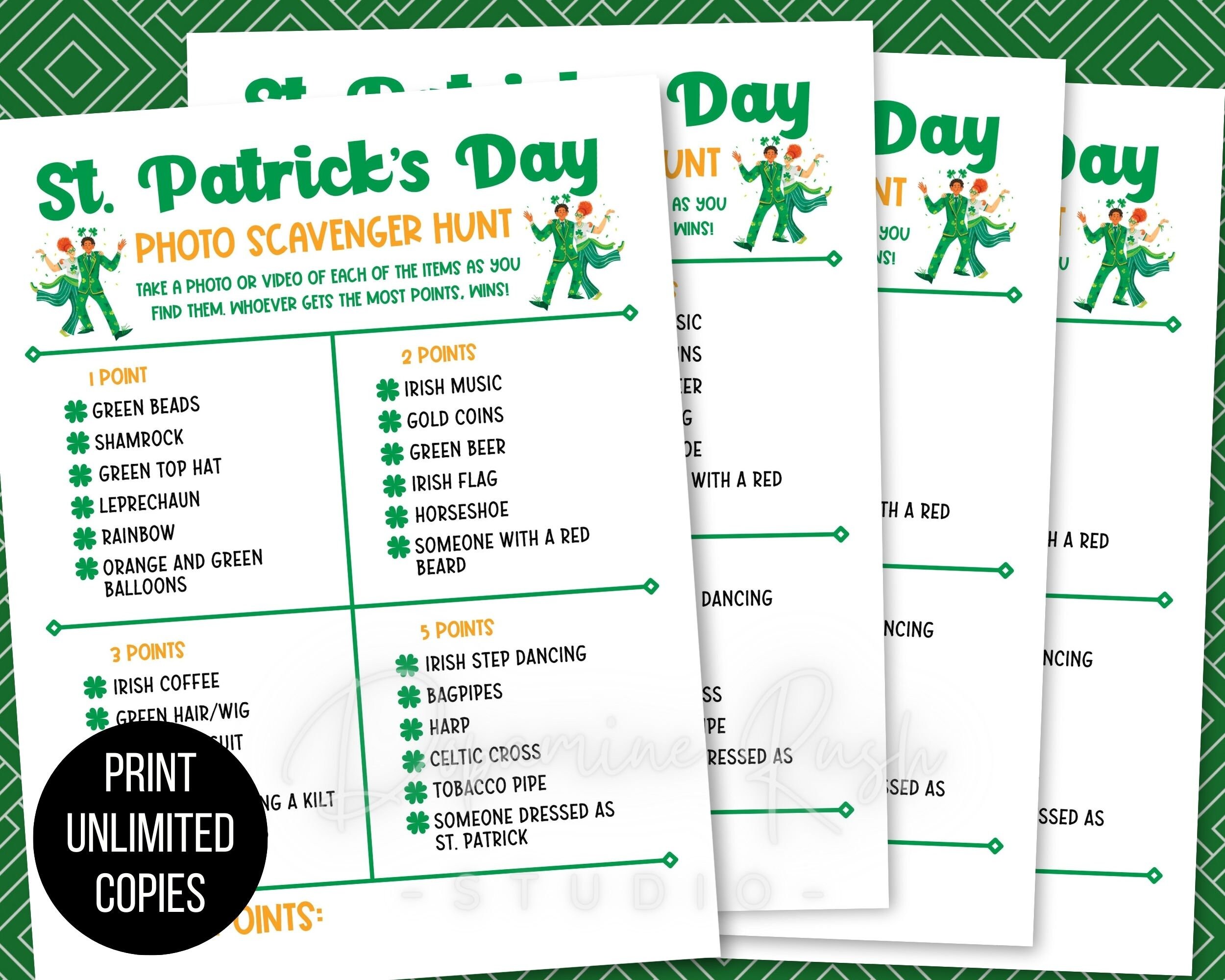 Printable St. Patricks Day Scavenger Hunt, St. Patricks Day Games, Bar ...