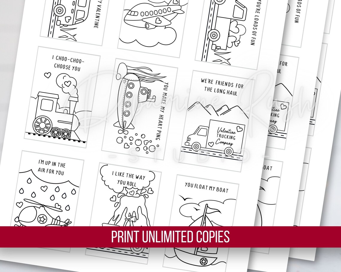 Printable Valentine’s Day Coloring Cards, Transportation Coloring Cards ...