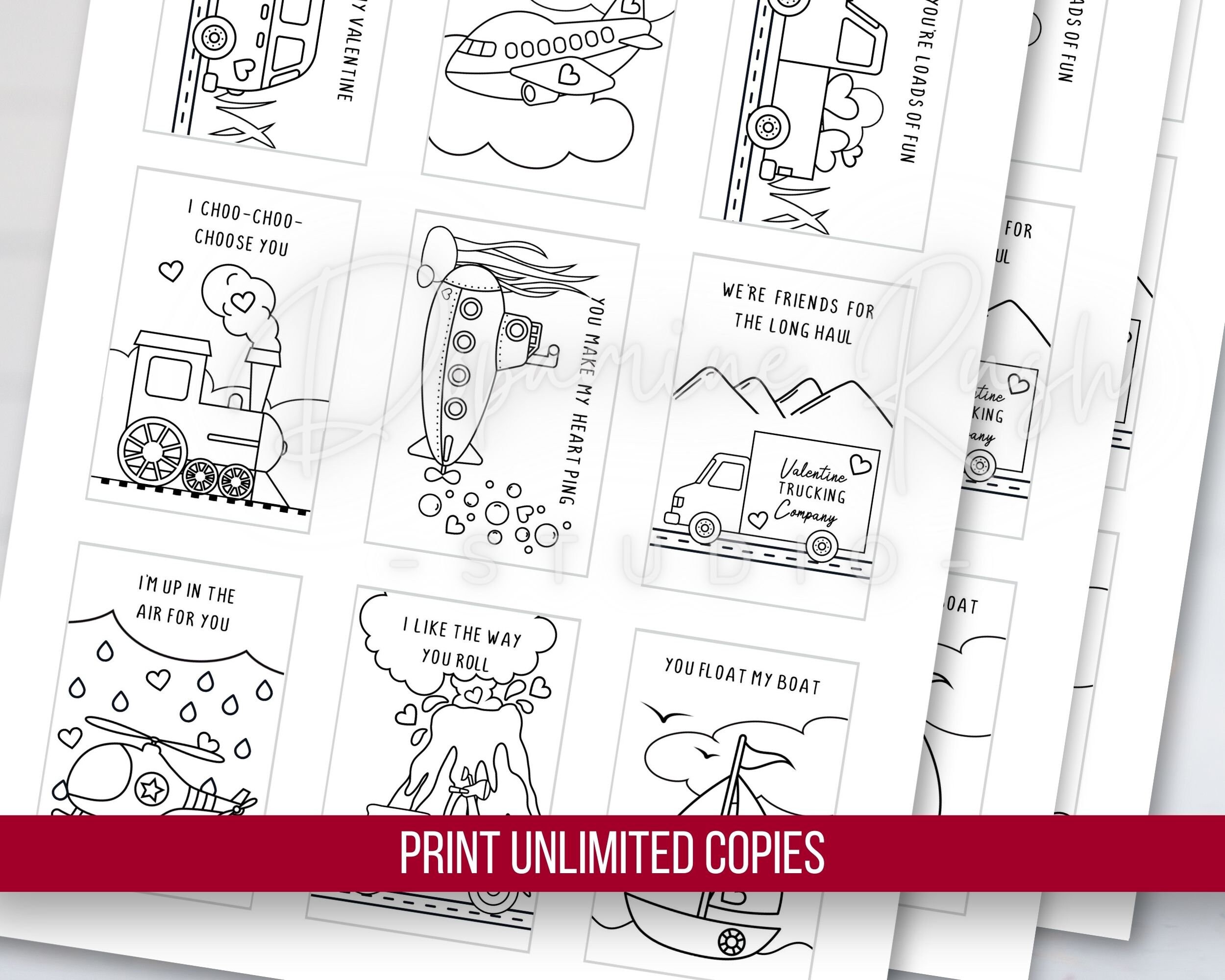 Printable Valentines Day Coloring Cards, Transportation Coloring Cards ...