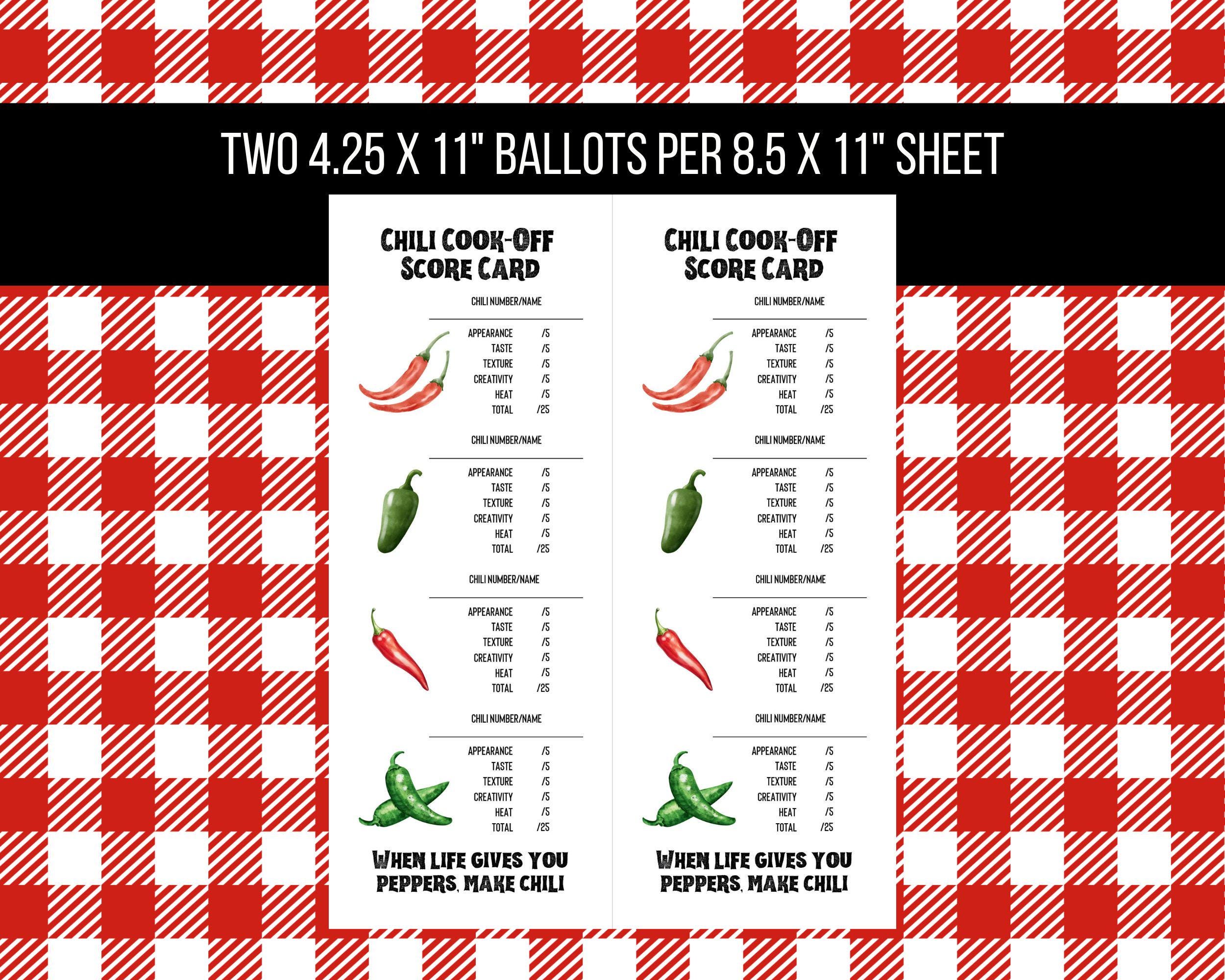 Printable Chili Cook-off 4.25 X 11” Score Card for 4+ Chilis, Chili ...