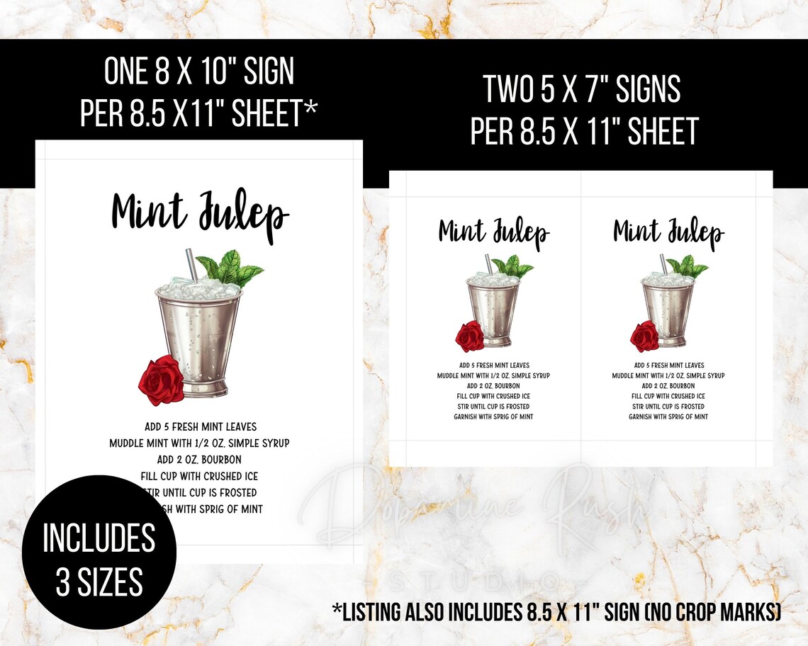 Printable Self-serve Mint Julep Cocktail 8x10” Sign, Cocktail Recipe ...