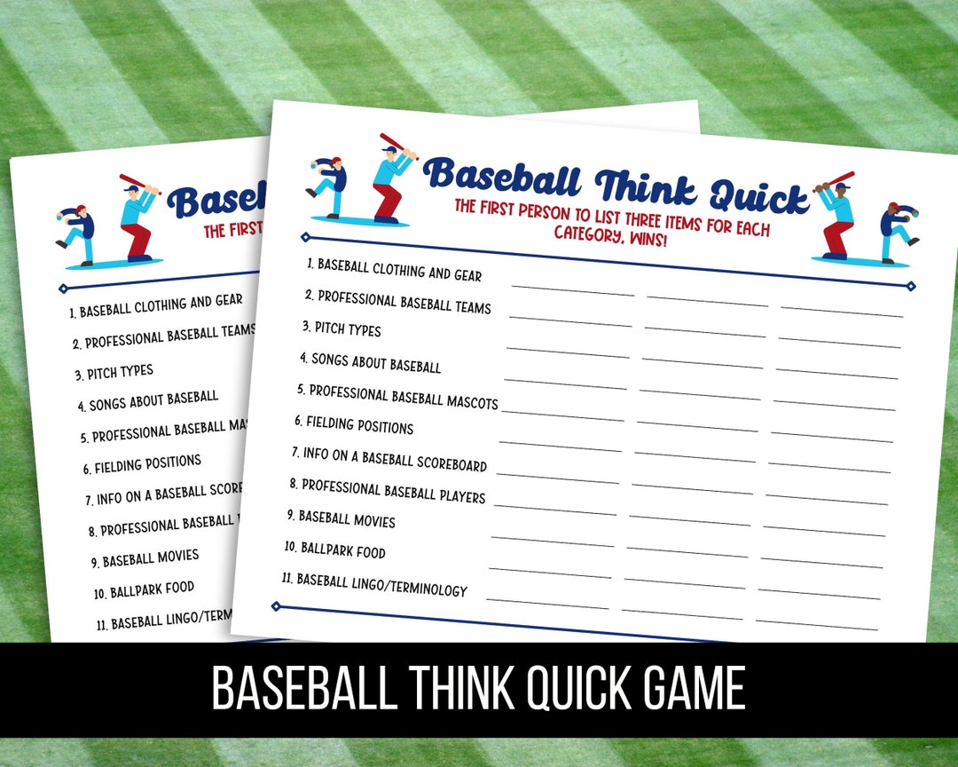 Printable Baseball Think Quick Game, Baseball Games, Baseball-themed ...