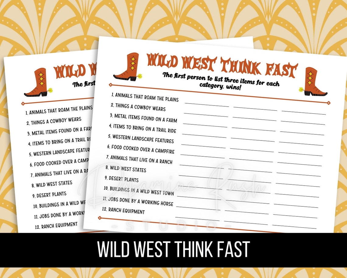 Printable Wild West Think Fast Game, Western Theme Party Games, Cowboy ...