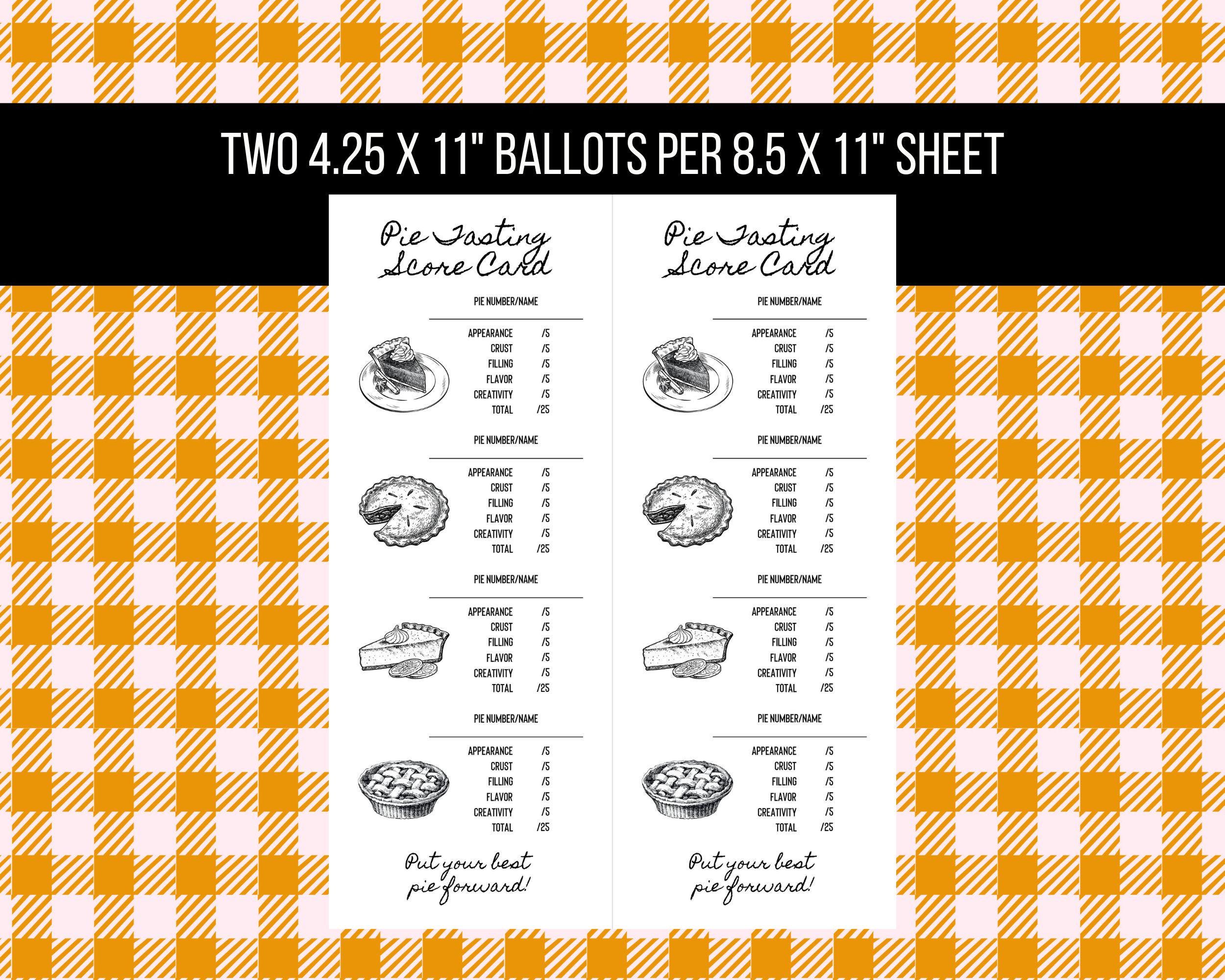 Printable Pie Tasting 4.25 X 11” Score Card for 4+ Pies, Pie Baking ...