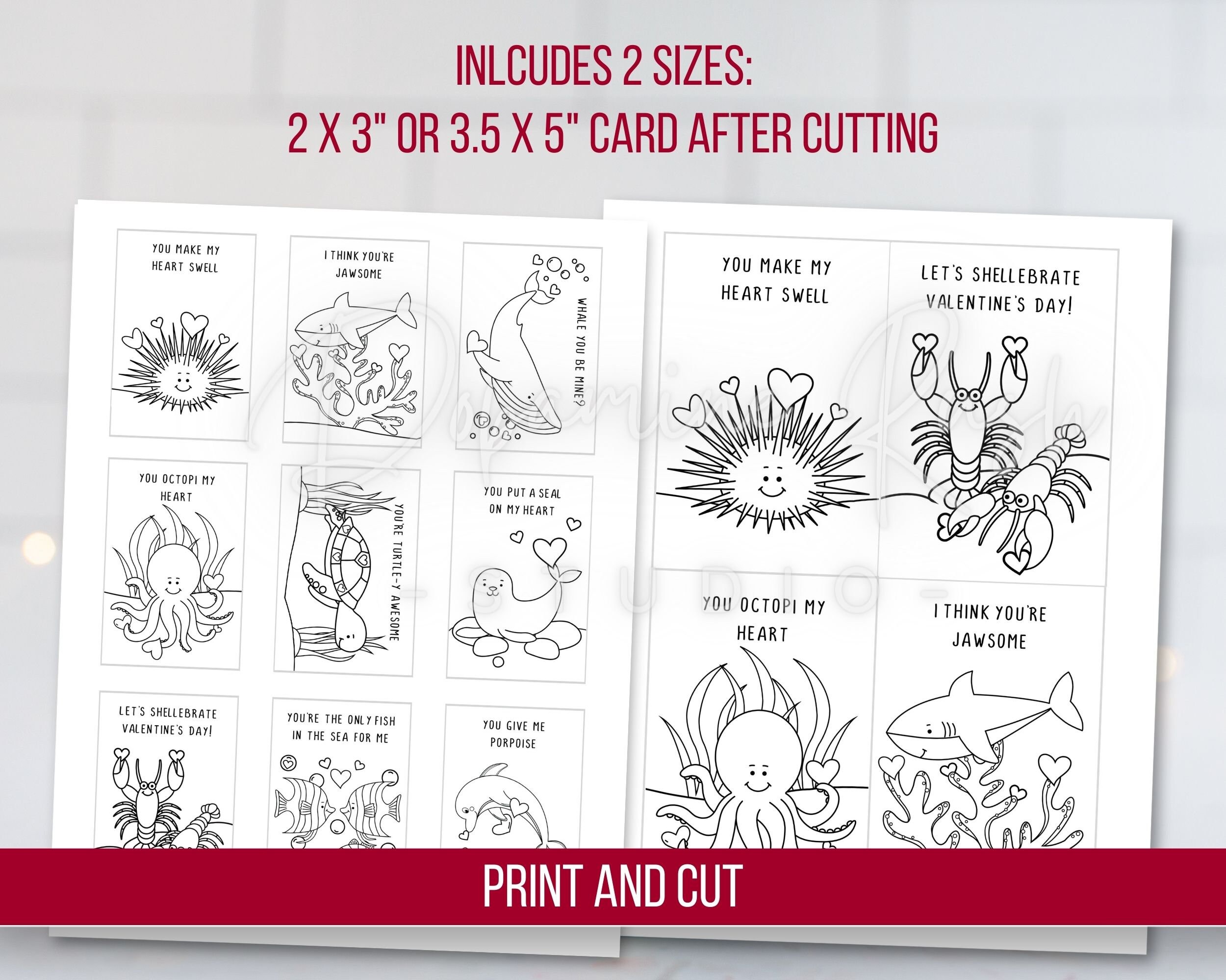 Printable Valentine’s Day Coloring Cards, Marine Animals Coloring Cards ...
