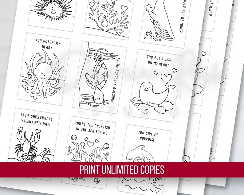 Printable Valentine’s Day Coloring Cards, Marine Animals Coloring Cards ...