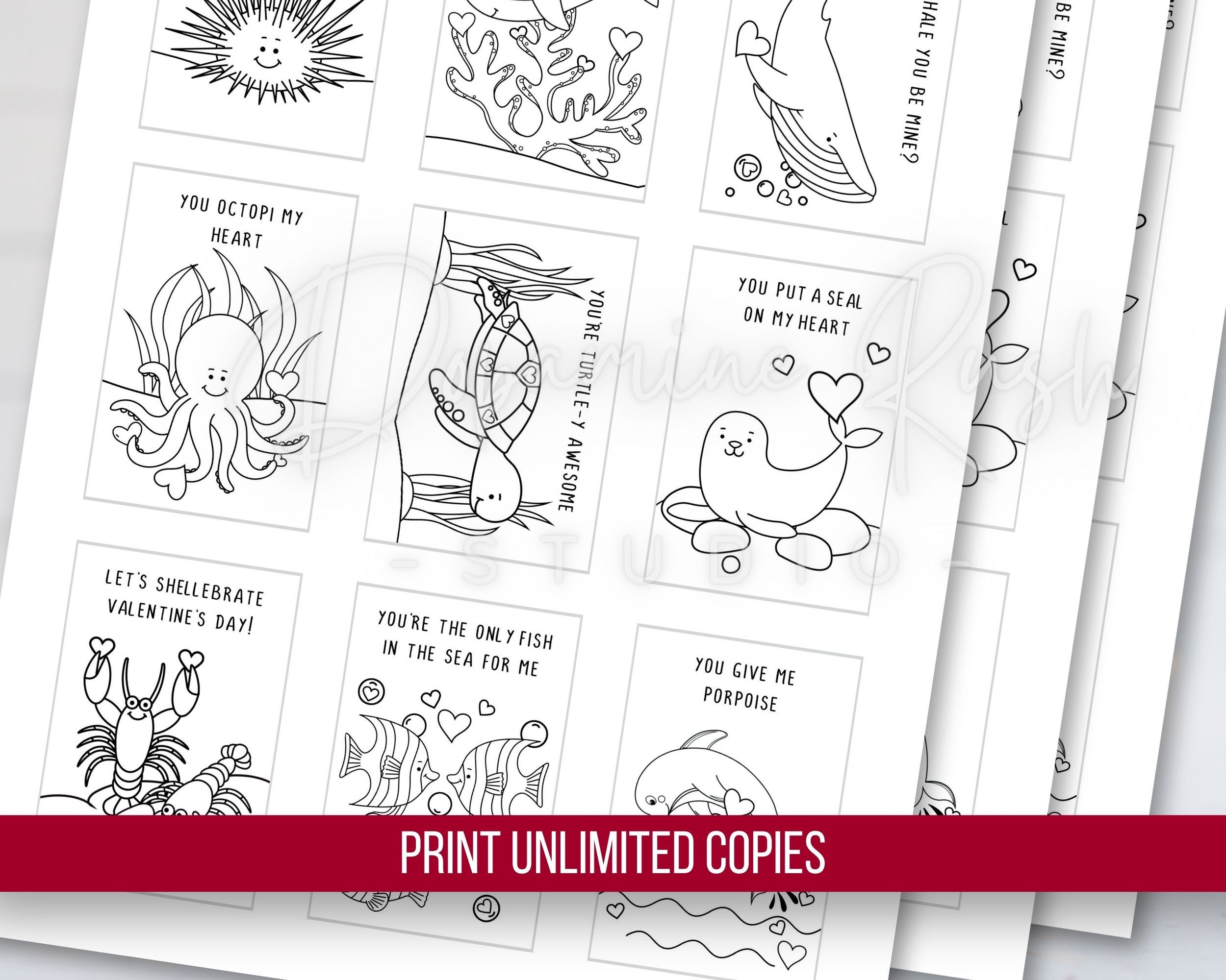 Printable Valentine’s Day Coloring Cards, Marine Animals Coloring Cards ...