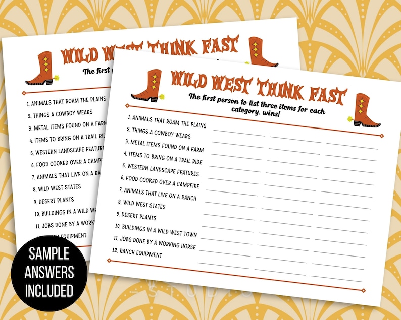 Printable Wild West Think Fast Game, Western Theme Party Games, Cowboy ...