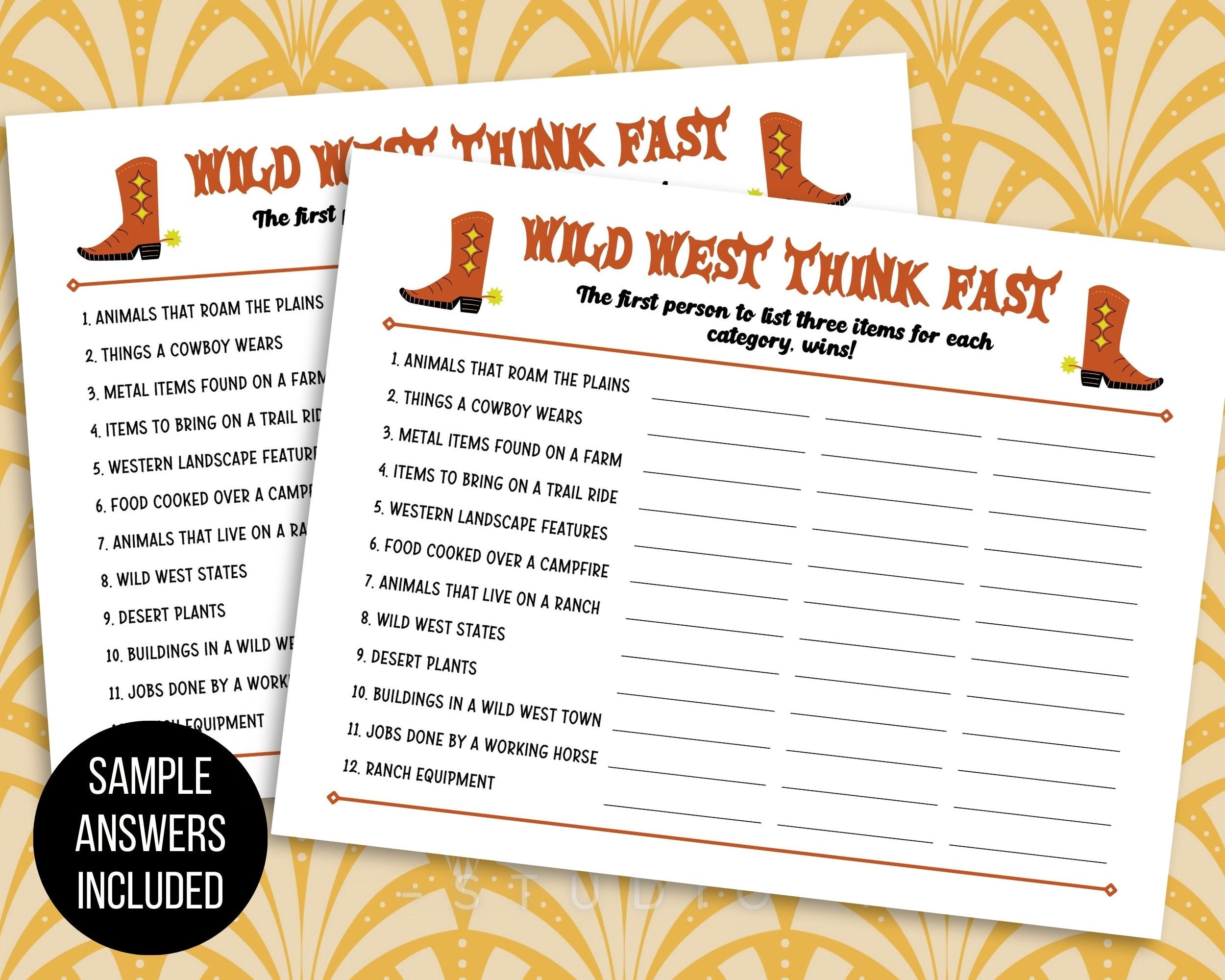Printable Wild West Think Fast Game, Western Theme Party Games, Cowboy ...