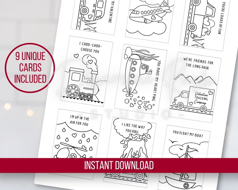 Printable Valentines Day Coloring Cards, Transportation Coloring Cards ...