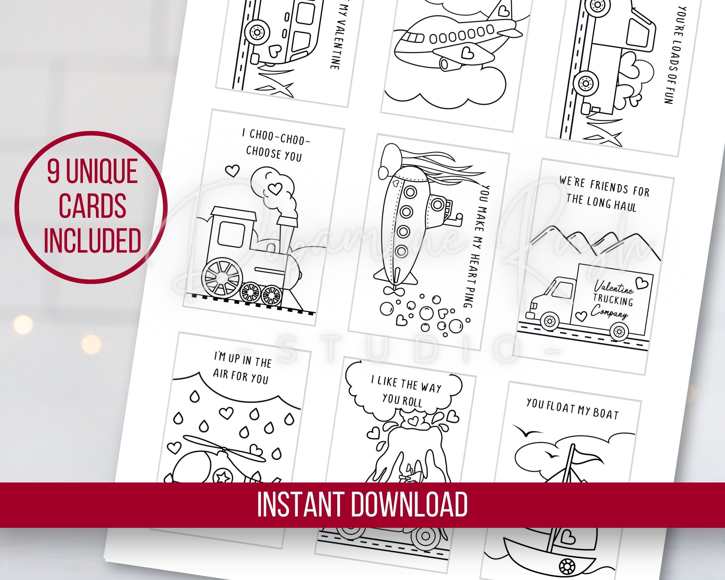 Printable Valentine’s Day Coloring Cards, Transportation Coloring Cards ...