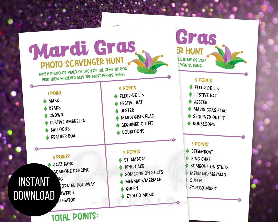 Printable Mardi Gras Photo Scavenger Hunt, Mardi Gras Games, Carnival ...