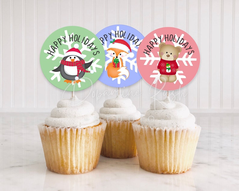Printable Happy Holidays Cupcake Toppers, Christmas Animal Cookie Tag ...