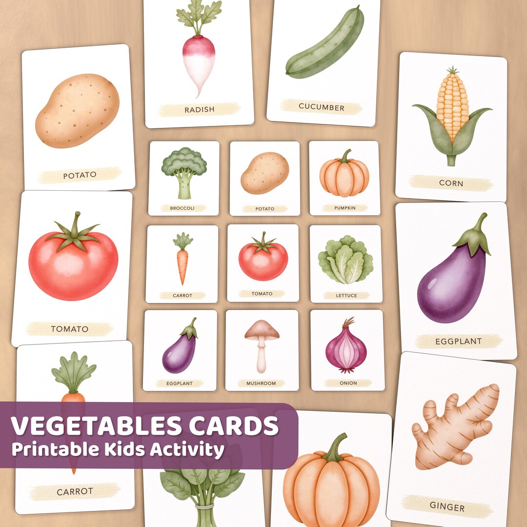 24 Watercolor Vegetables Flash Cards, Vegetables Memory Game Printable ...