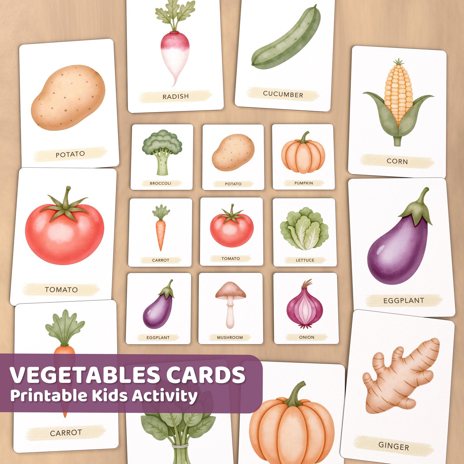 24 Watercolor Vegetables Flash Cards, Vegetables Memory Game Printable ...