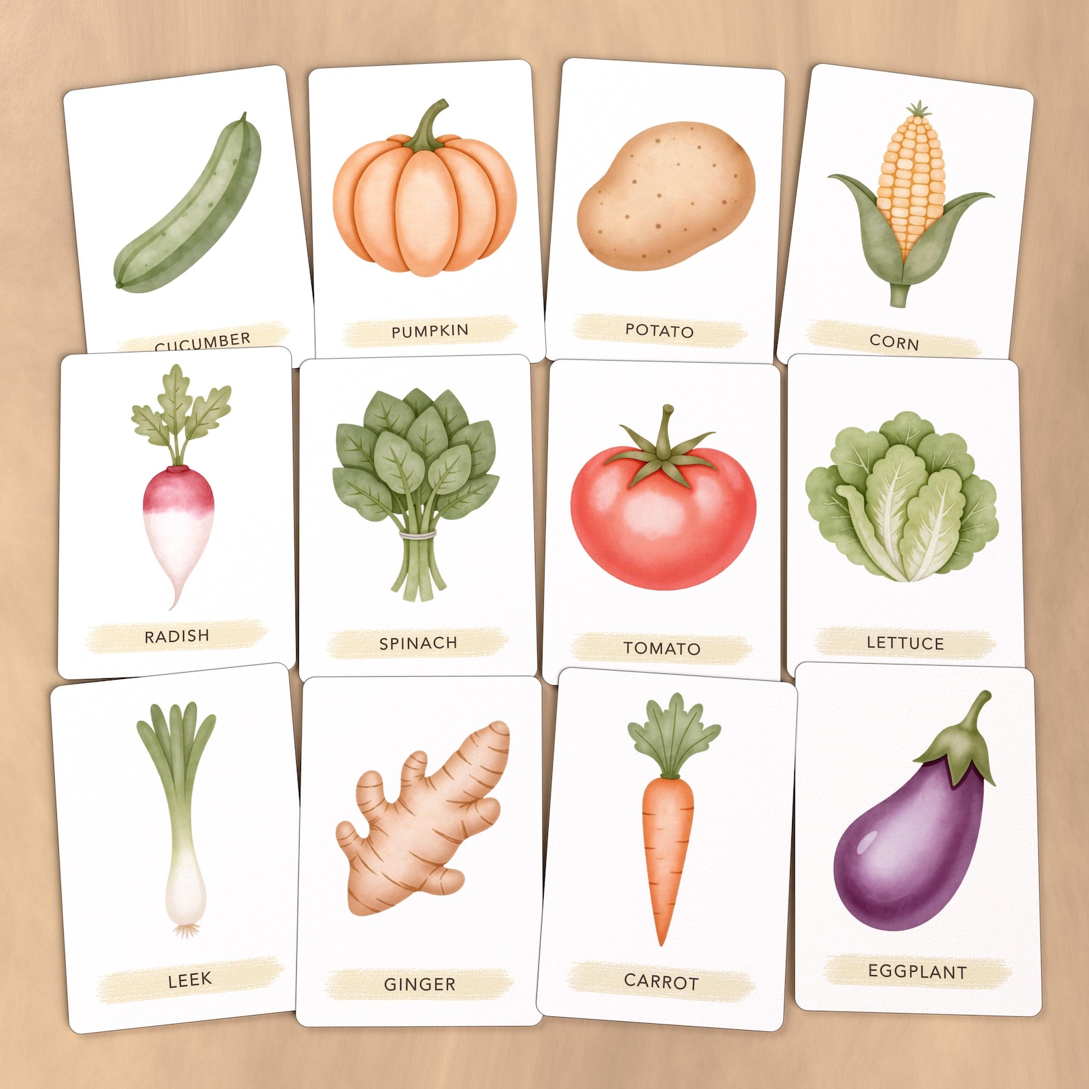 24 Watercolor Vegetables Flash Cards, Vegetables Memory Game Printable ...