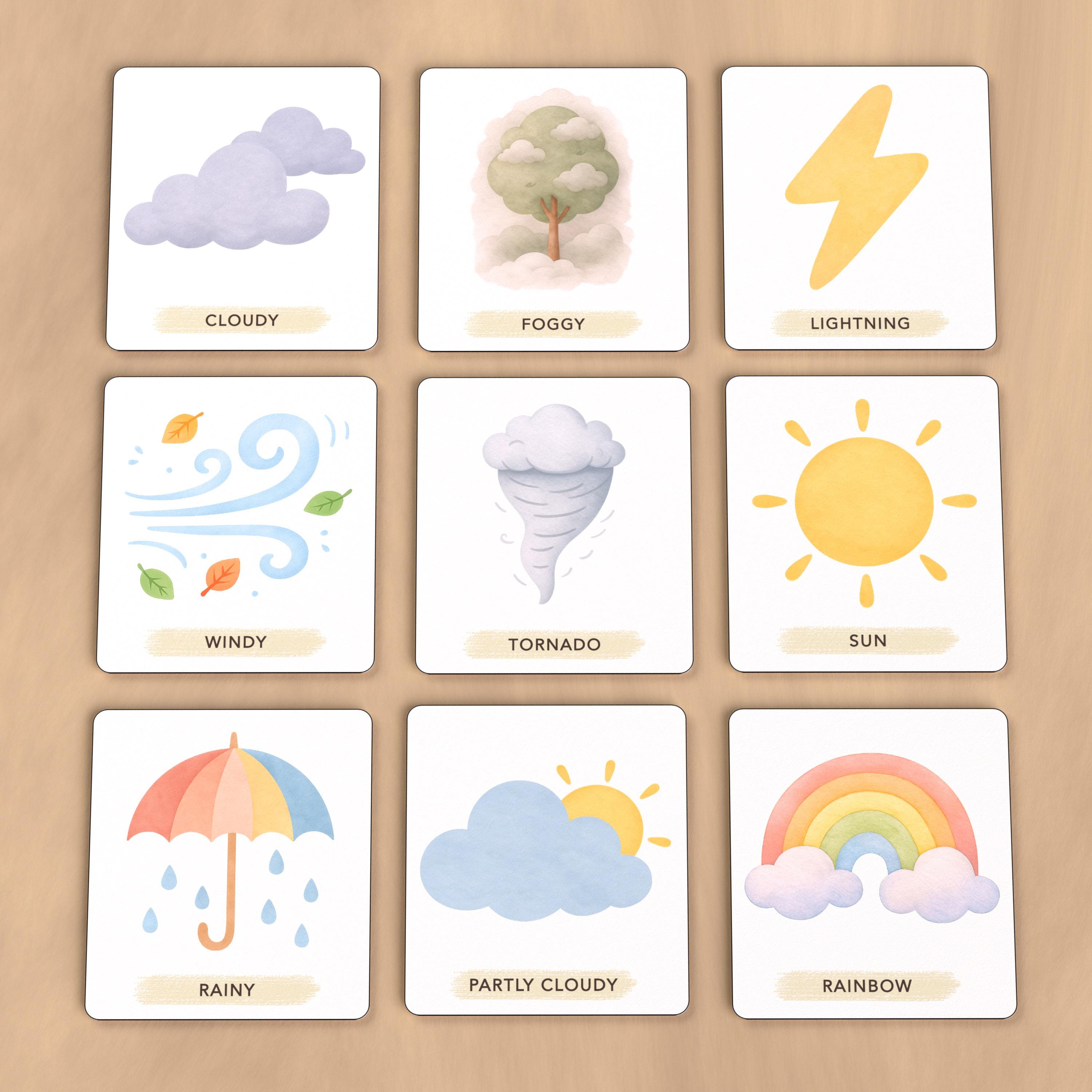 Weather Watercolor Flash Cards, Weather Memory Game Printable ...