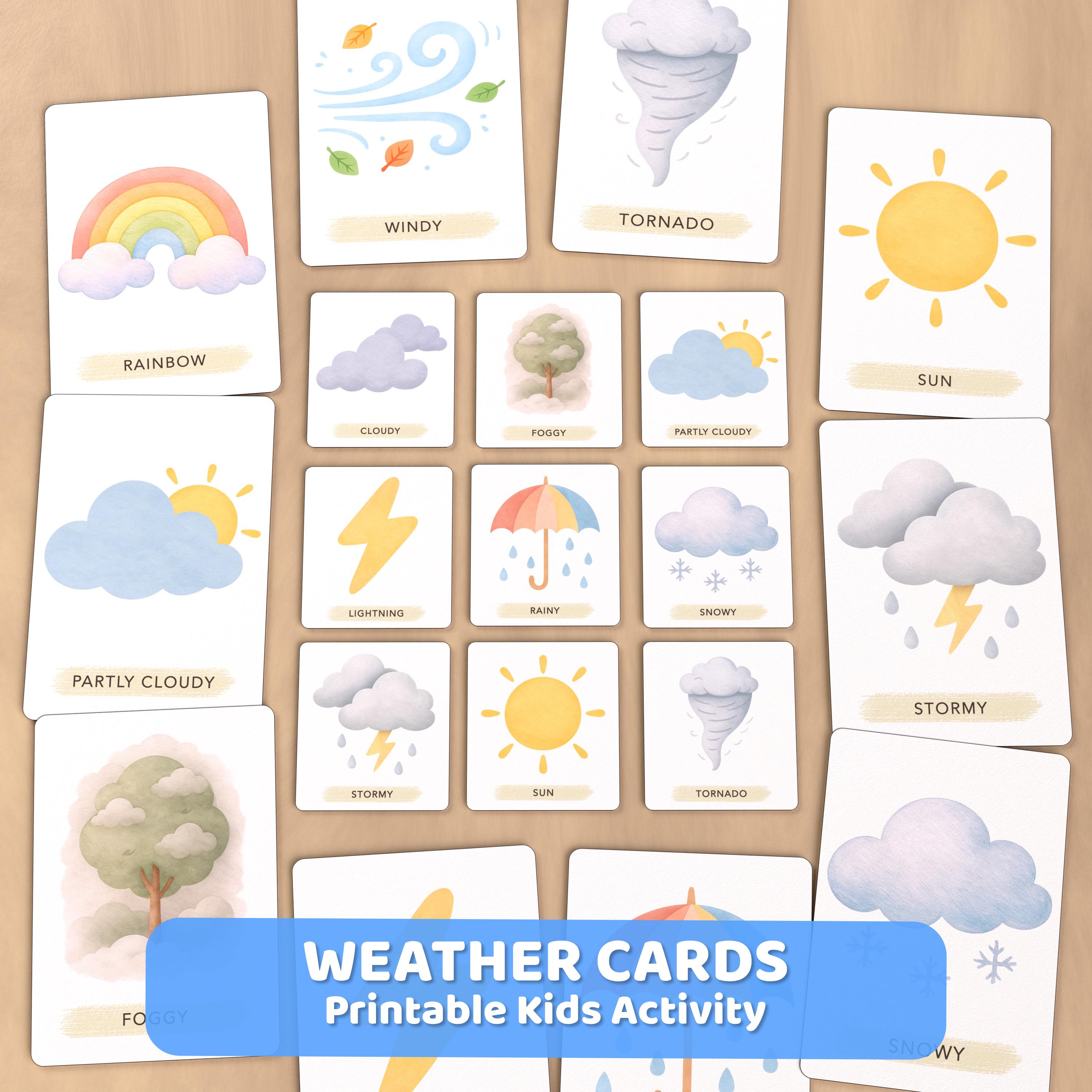 Weather Watercolor Flash Cards, Weather Memory Game Printable ...