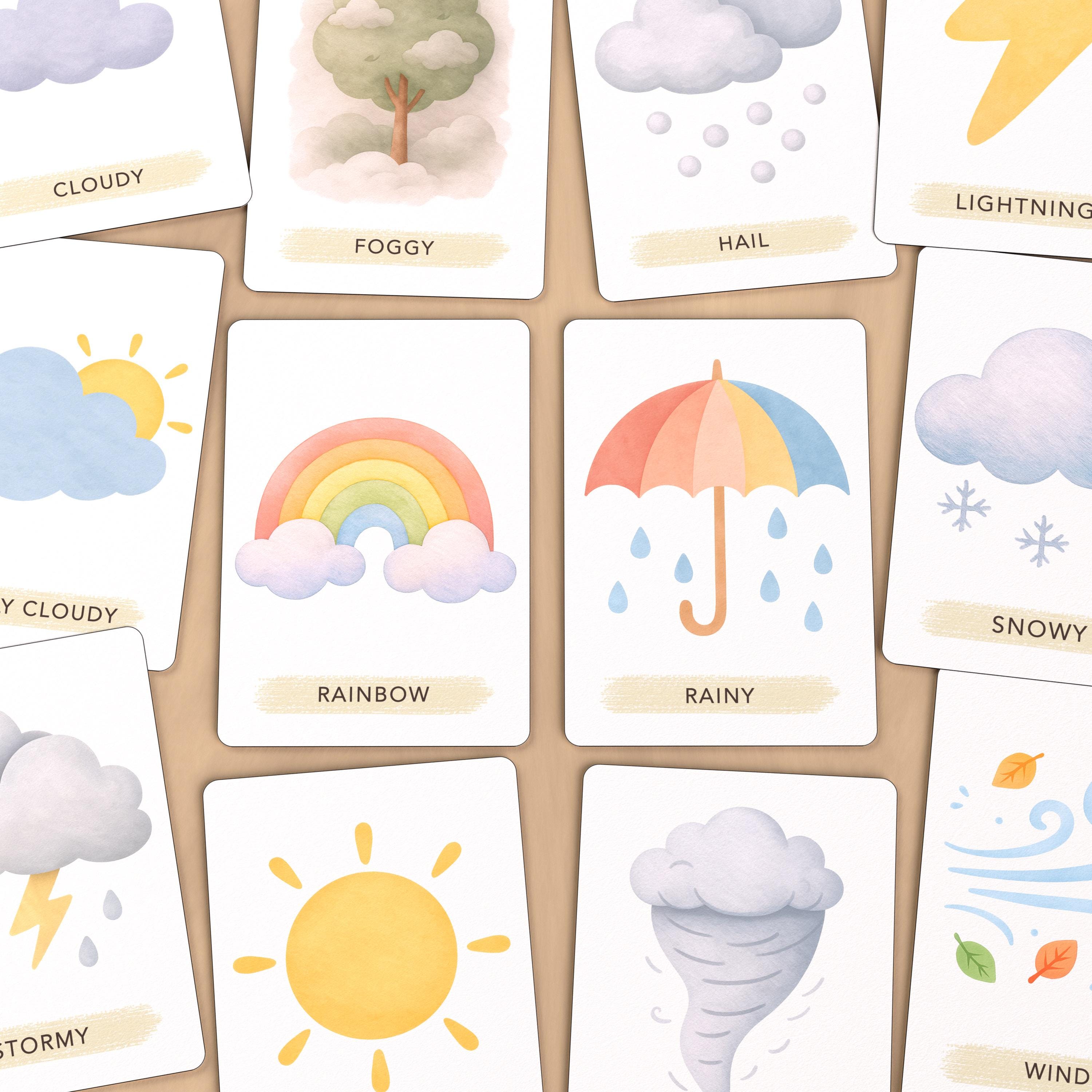 Weather Watercolor Flash Cards, Weather Memory Game Printable ...
