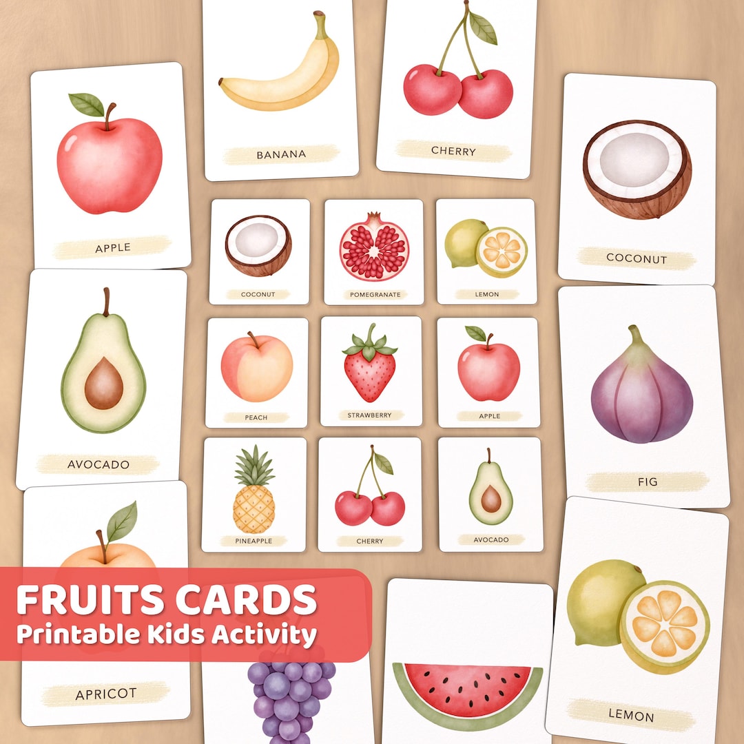 24 Watercolor Fruits Flash Cards, Cute Fruits Memory Game Printable ...