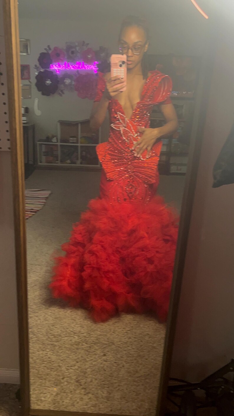 Fiery Scarlet Feathered Mermaid Gown - Etsy