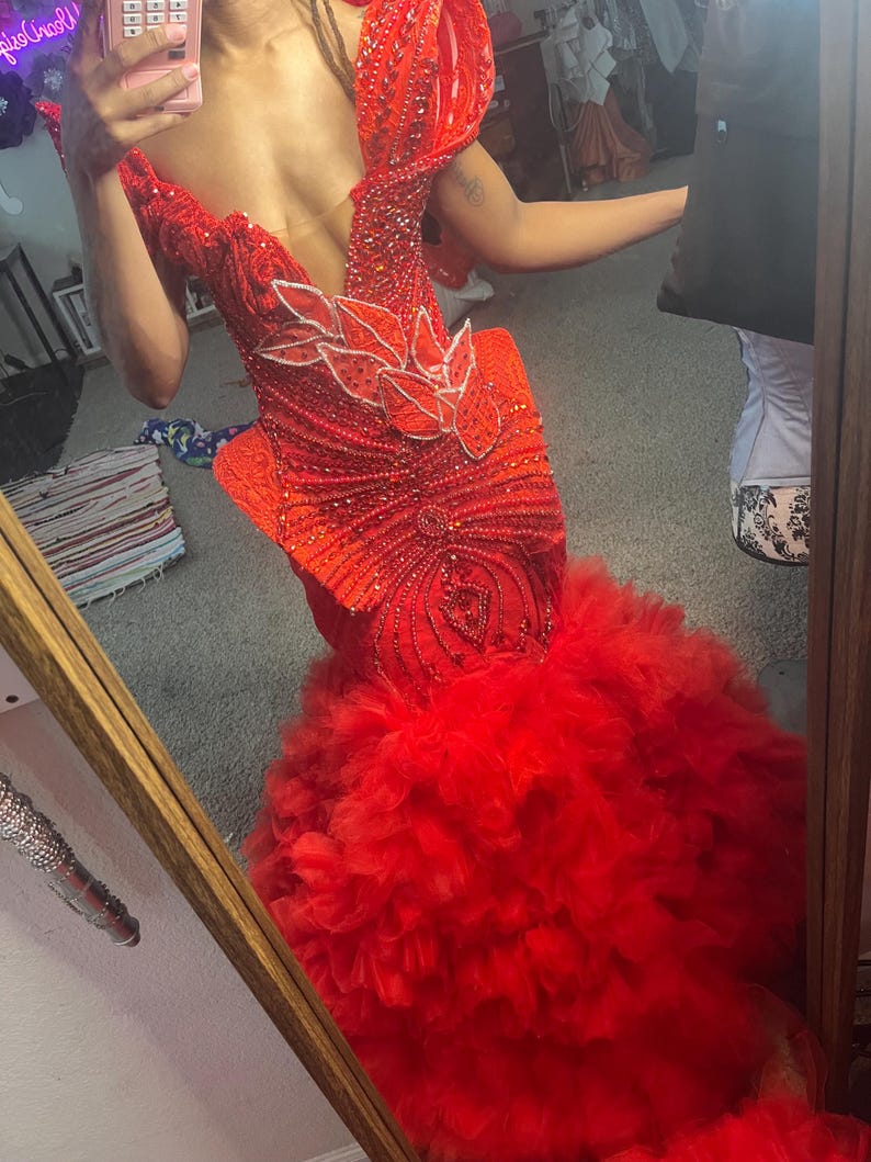 Fiery Scarlet Feathered Mermaid Gown - Etsy