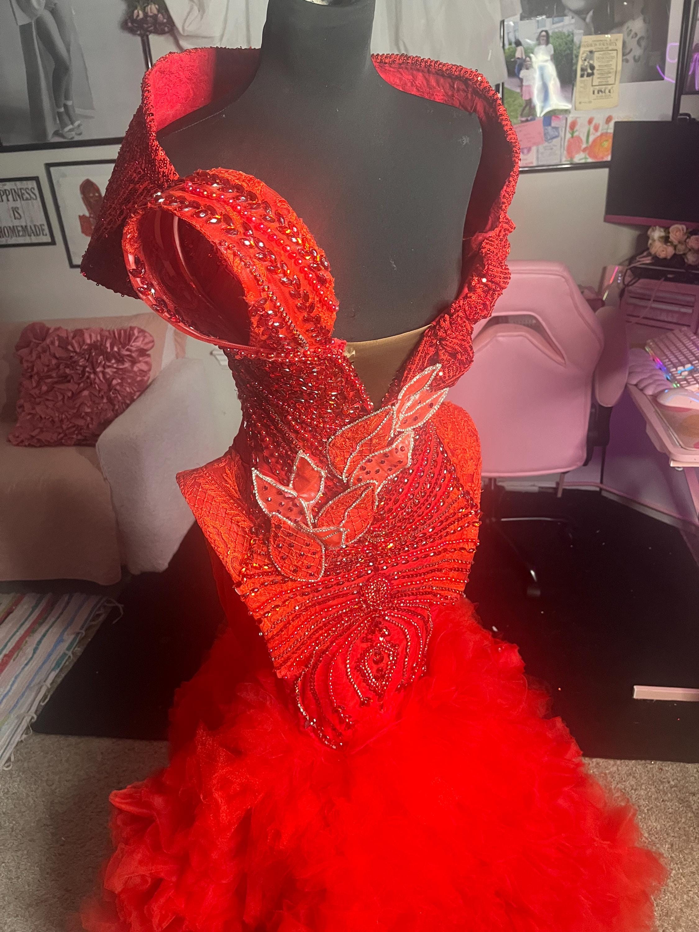 Fiery Scarlet Feathered Mermaid Gown - Etsy