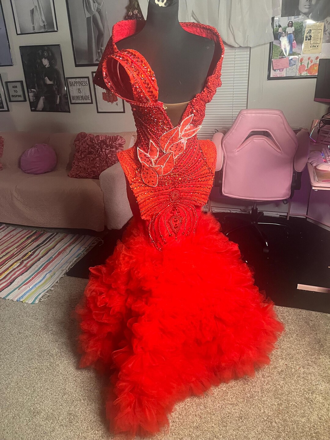 Fiery Scarlet Feathered Mermaid Gown - Etsy
