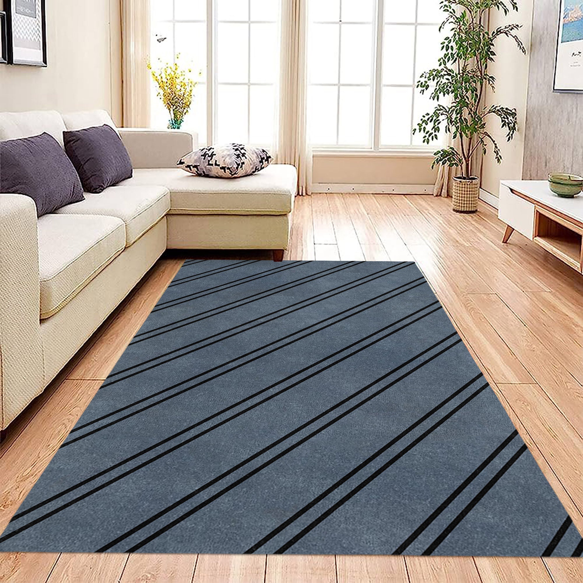 Blue Wool Area Rug: Hand Tufted Geometric Carpet, Custom Size - Etsy
