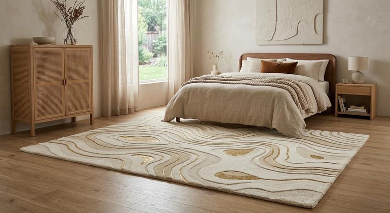 Neutral Beige Abstract Area Rug for Living Room | Cream & Gold Modern ...