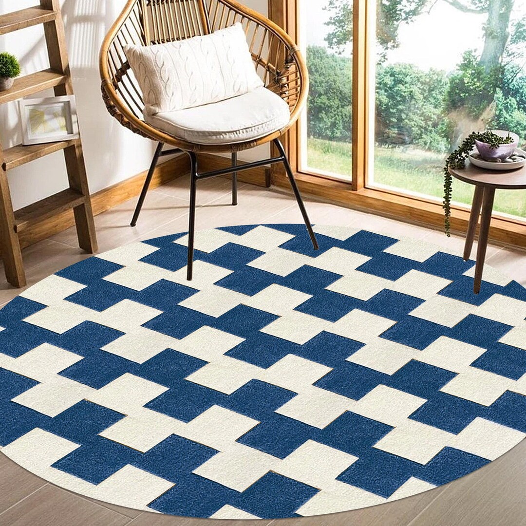 Area Rug 9x9 ! White and Blue Wool ! 8x8, 7x7, 6x6, 5x5 ! Hallway ...