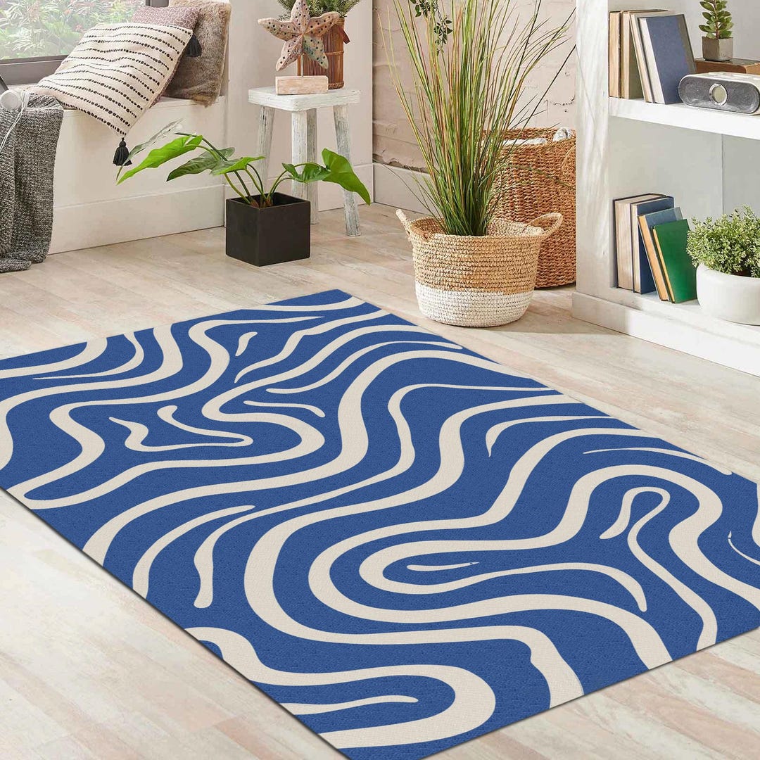 Premium Tufted Area Rug, Abstract Blue Wool Carpet for Living Room ...