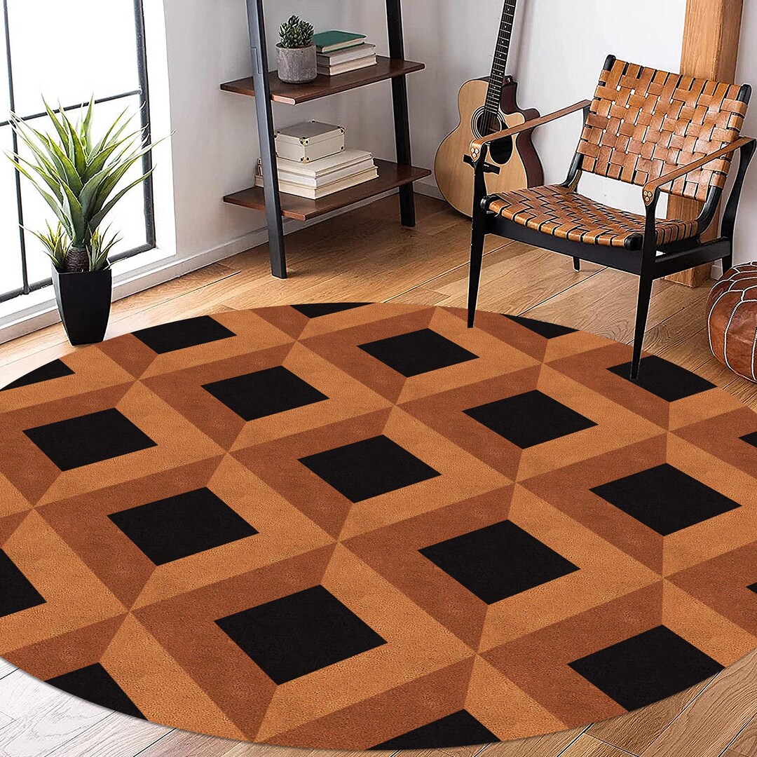Hand Tufted Wool Round Rug | Brown Geometric Carpet - Etsy