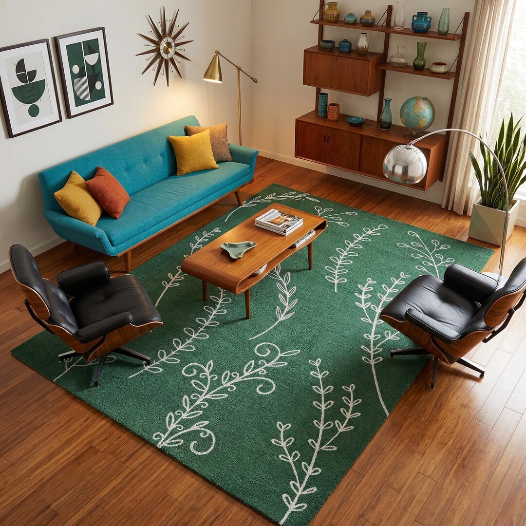 Sage Green Tufted Rug With White Botanical Vine Pattern – Modern Leaf ...