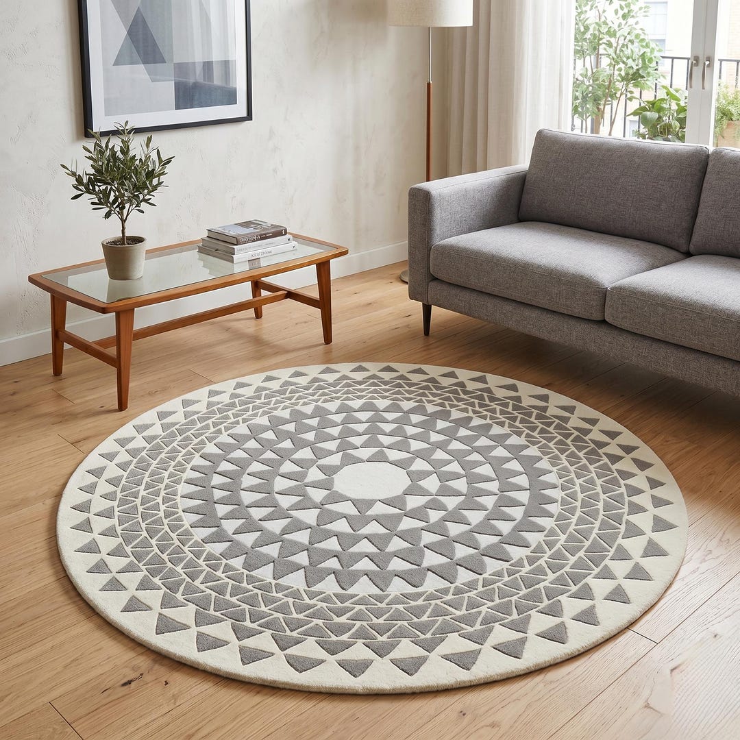 Handmade Round Wool Area Rug - Grey White Geometric Circle Mandala ...