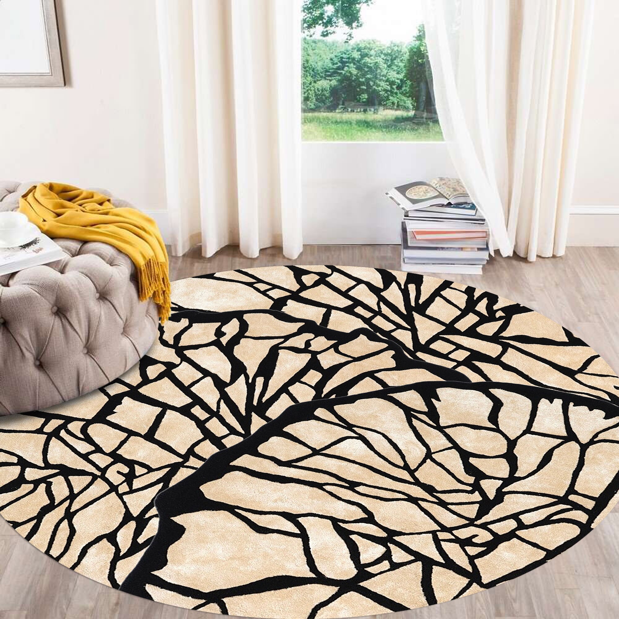 9x9 Round Rug Tufted Wool 8x8, 7x7, 6x6 Handmade Area Rugs Cream and ...