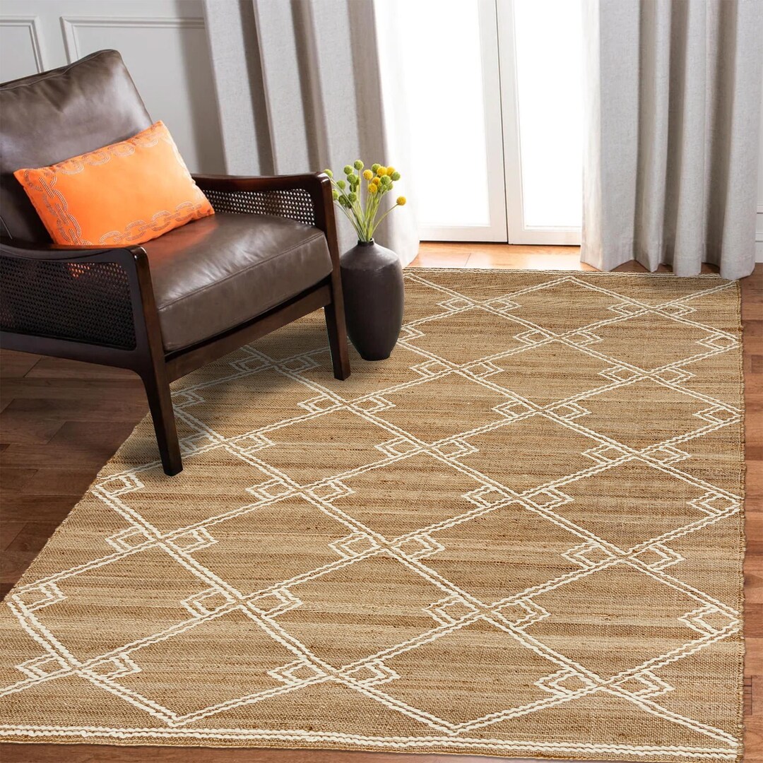 Hand Woven Jute Rug: Geometric Pattern, Natural Fiber - Etsy