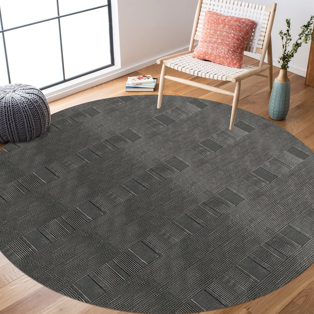 Round Tufted Rug 5x5, 6x6 / Handmade Carpet / Dark Grey Wool Rugs 7x7 ...