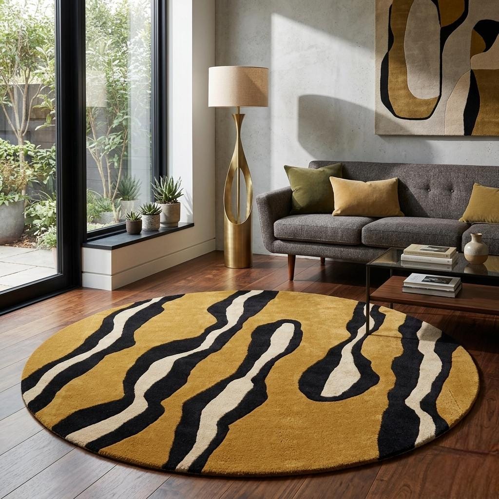Hand Tufted Wool Tiger Print Round Rug, Abstract Animal Area Mustard ...