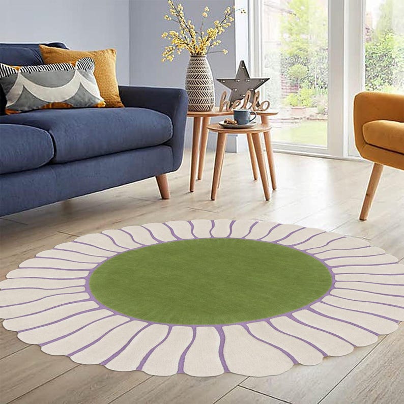 Hand Tufted Wool Round Rug: Green & Beige Geometric Design - Etsy