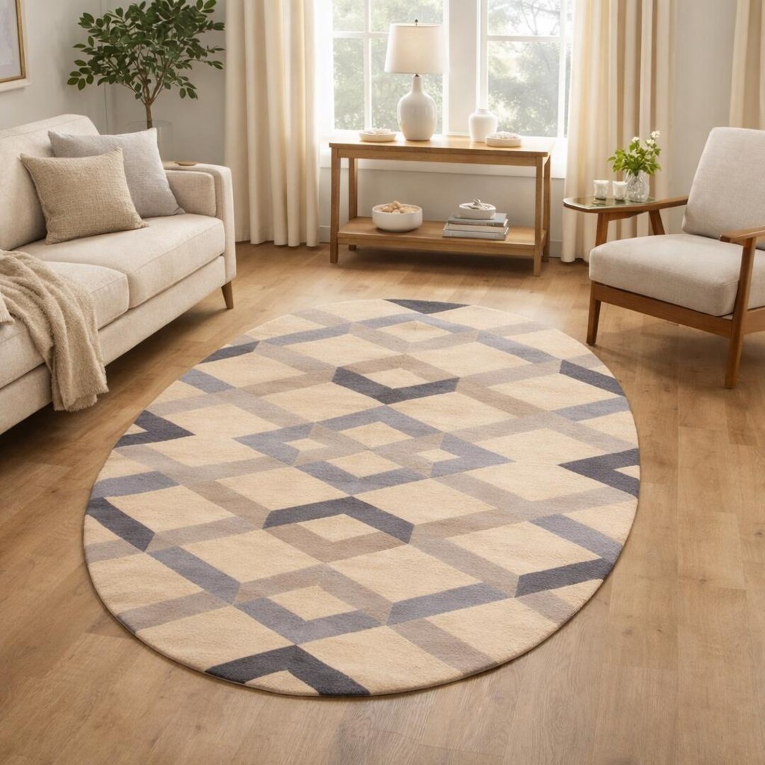 6x9 Oval Wool Rug: Modern Beige Muted Rugs Hand Tufted Carpet - Etsy
