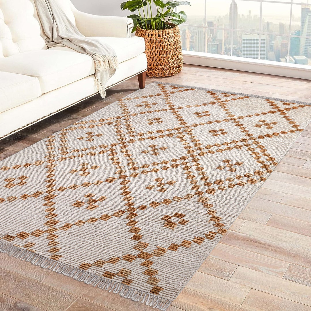 Aztec Patterned Rug | Ivory and Gold Color | Wool Hand Knotted | 5x7 ...
