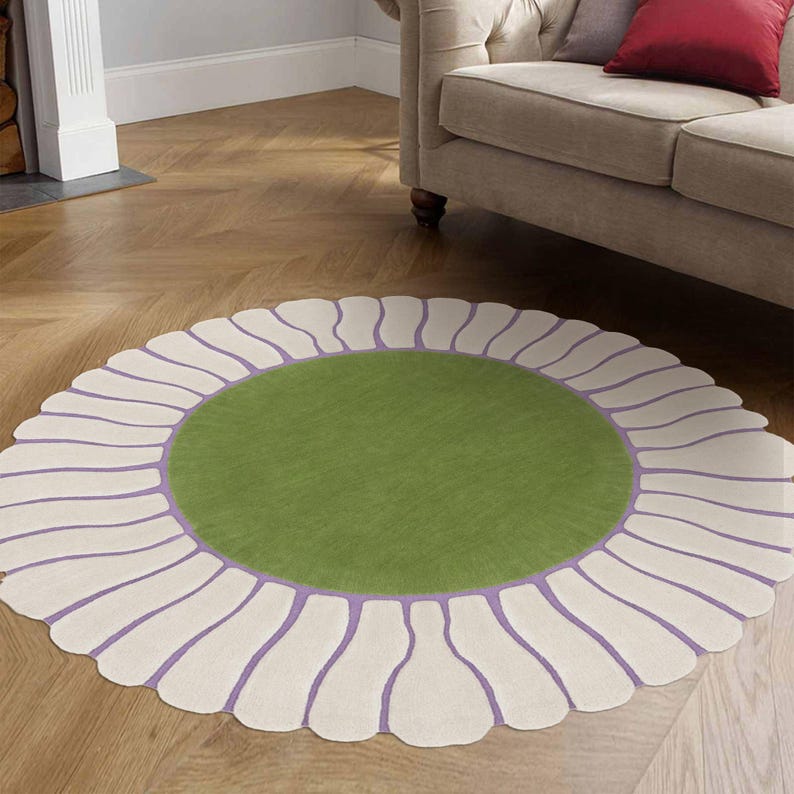 Hand Tufted Wool Round Rug: Green & Beige Geometric Design - Etsy