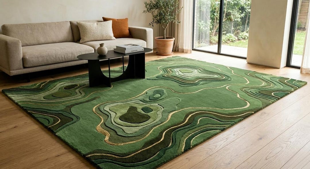 Hand Tufted Moss Green Forest Rug Organic Shape Wool Area Carpet for ...